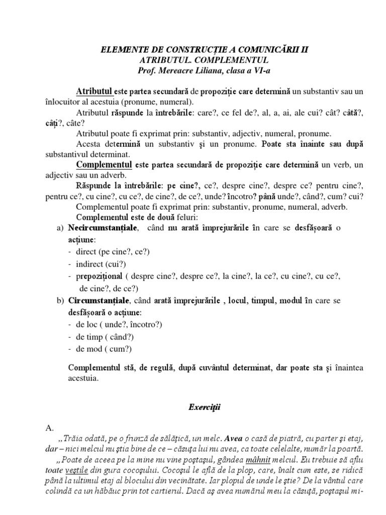 Atributul Si Complementul Clasa A Via | PDF