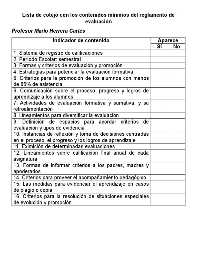 Lista de Cotejo Sobre Contenidos Mínimos Del Reglamento de Evaluación | PDF