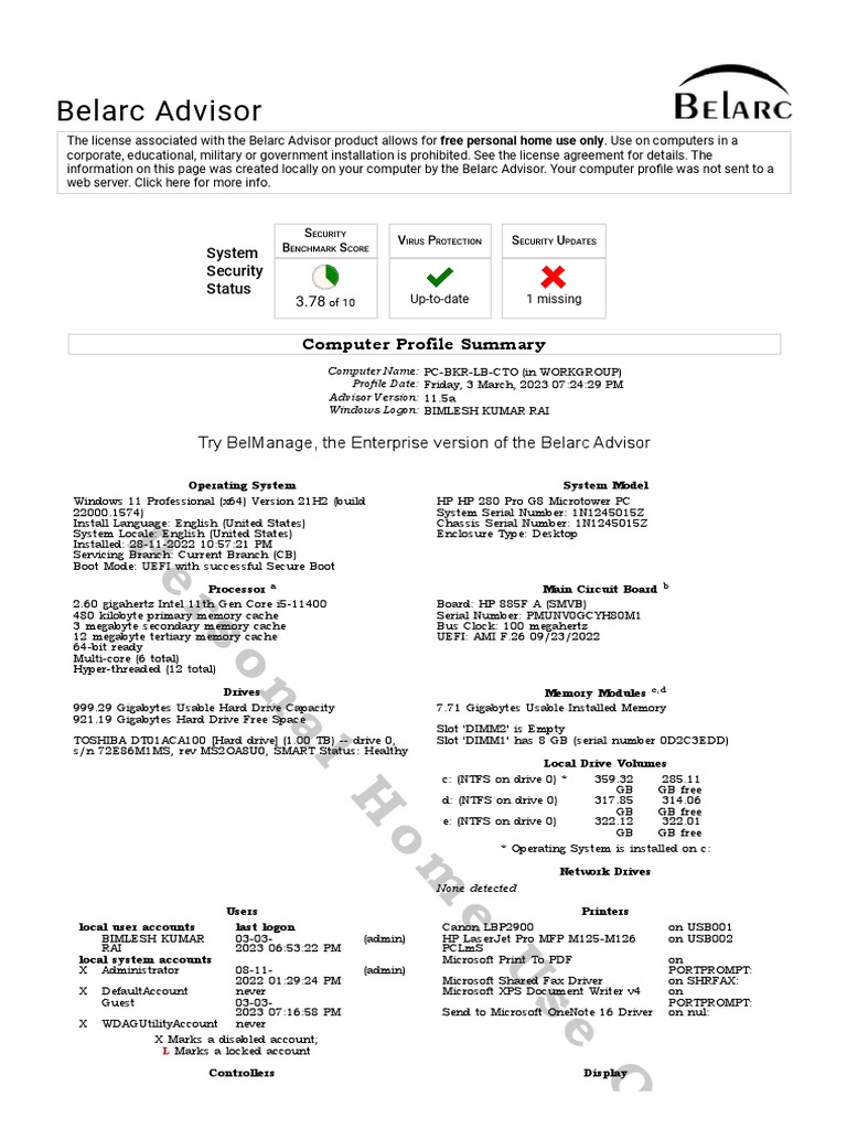 Belarc Advisor - PC-BKR-LB-CTO Computer Profile | PDF