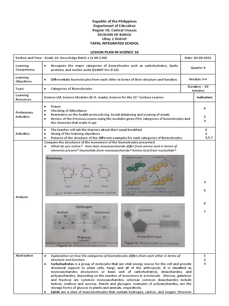 Lesson Plan For C.O. 2-1 | PDF | Biomolecules | Proteins