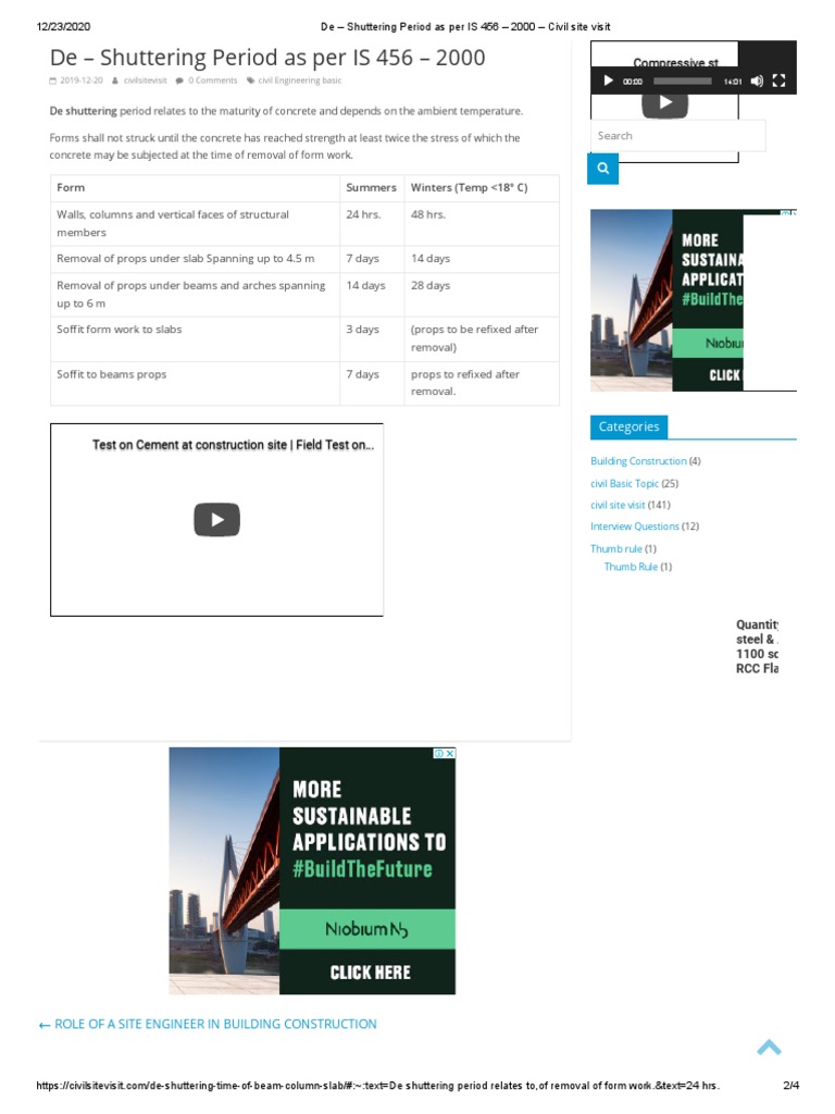 De - Shuttering Period As Per IS 456 - 2000 - Civil Site Visit | PDF ...