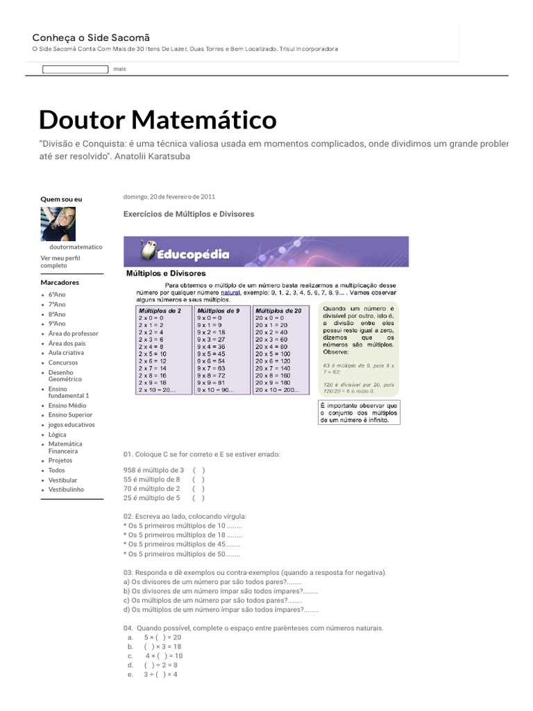 Doutor Matemático - Exercícios de Múltiplos e Divisores | PDF | Matemática | Matemática elementar