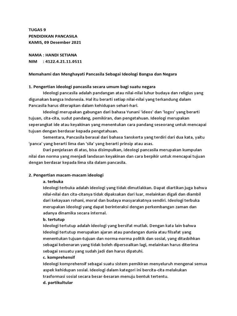 Tugas 9 Pend.Pancasila (handi setiana) 09 des 21 | PDF