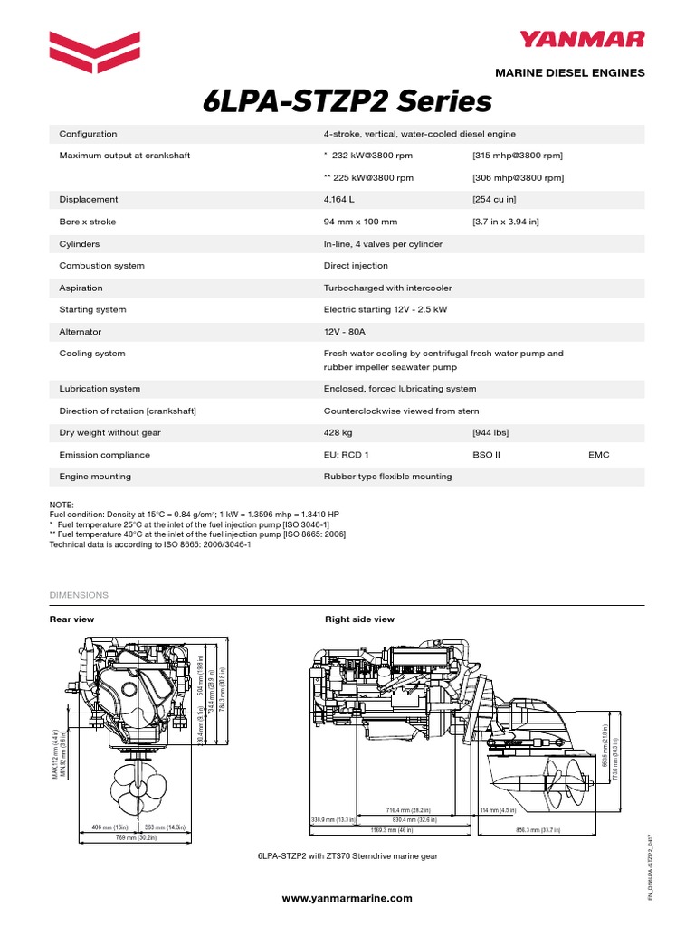 Yanmar 6LPA-STZP2 Engine Datasheet | PDF | Diesel Engine | Clutch