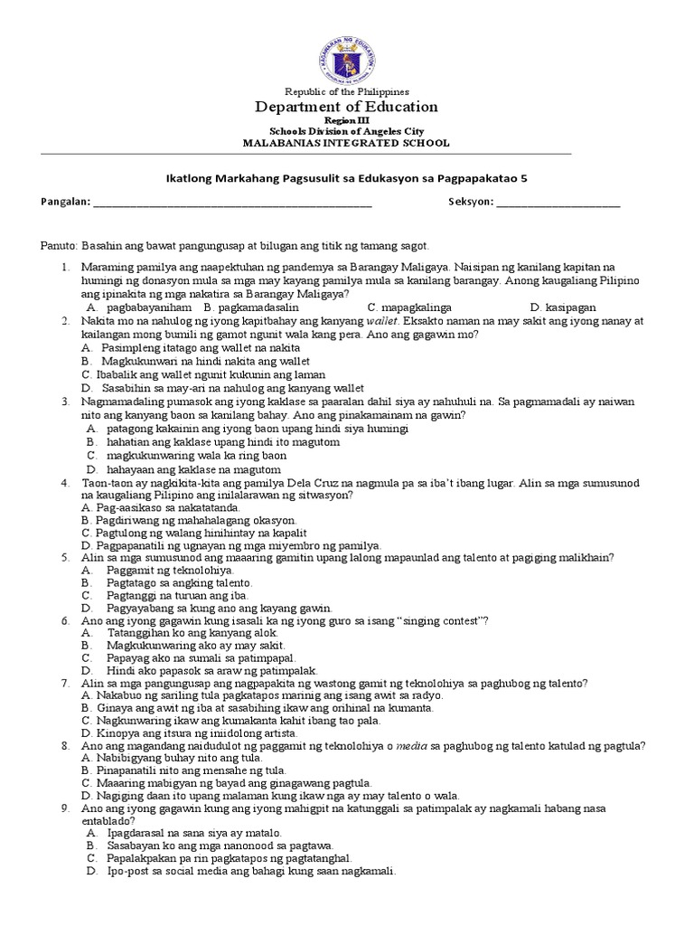 3rd PT in EsP 5 | PDF