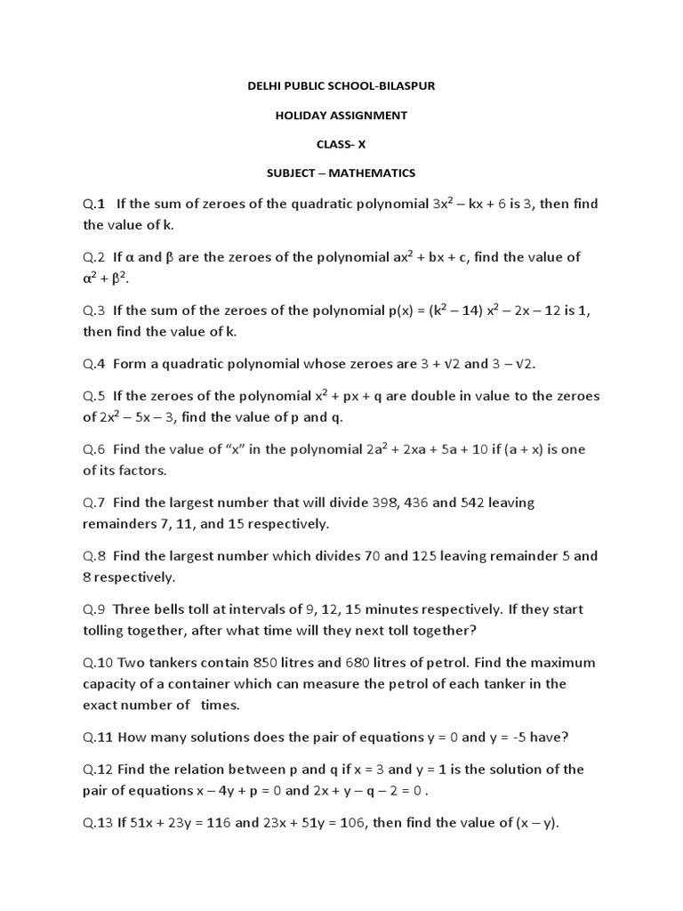 Holiday Assignment 10 Mathematics PDF | Download Free PDF | Equations | Polynomial