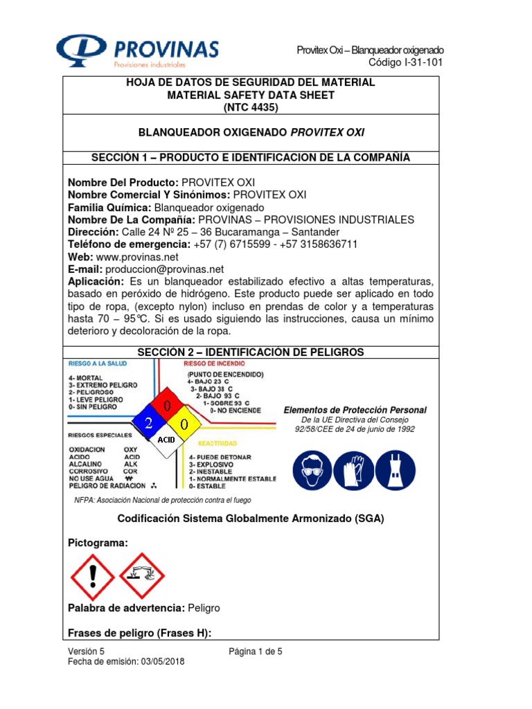 Provitex Oxi MSDS I-31-101 (SGA) | PDF | Agua | Materiales