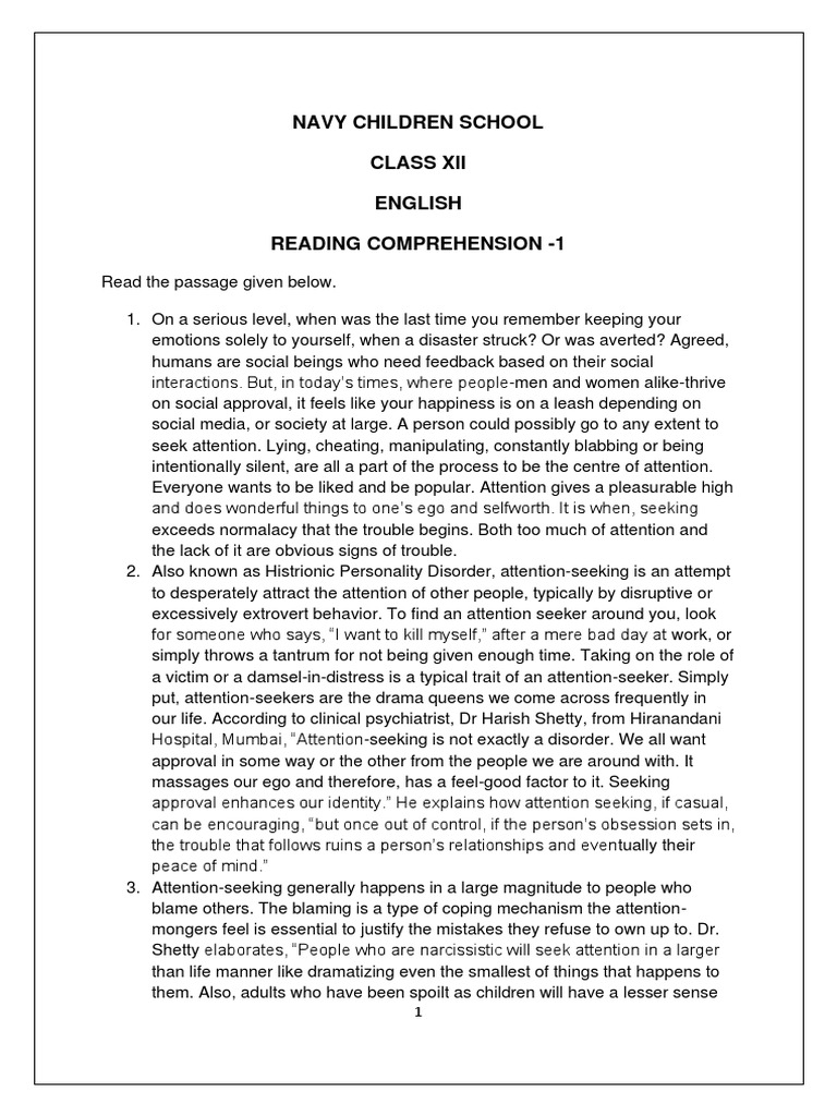 Reading Comprehension Class 12 Cbse | PDF | Anxiety | Attention