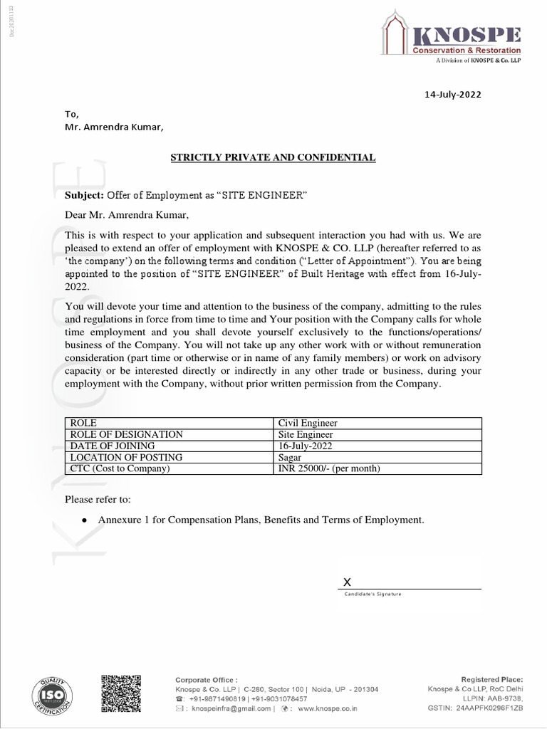 Amrendra Kumar - Appointment Letter | PDF | Patent Infringement ...