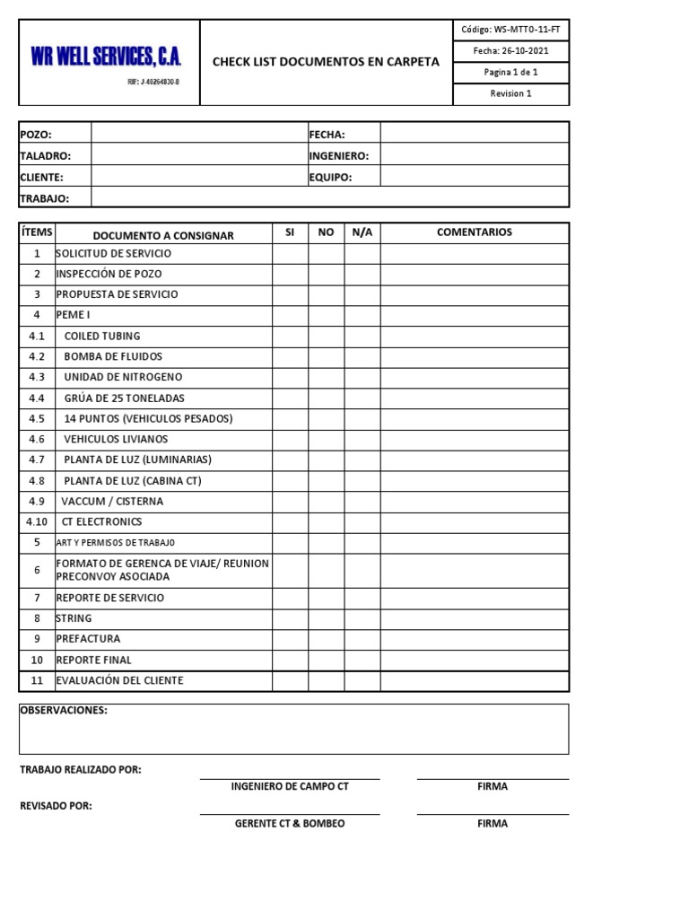 Coiled Tubing Check List WR | PDF | Bomba | Gases
