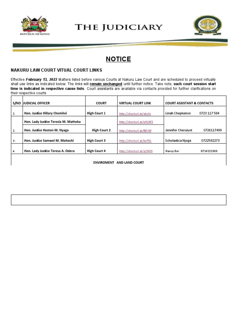 Amended Feb 8 2023 Virtual Court Links Nakuru | PDF | Legal ...