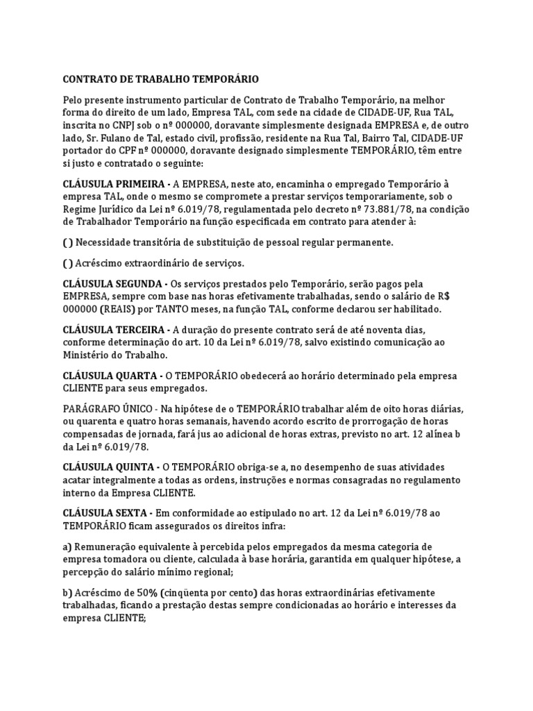 Modelo de Contrato de Trabalho Temporario Generico | PDF | Férias trabalhistas | Direito Privado
