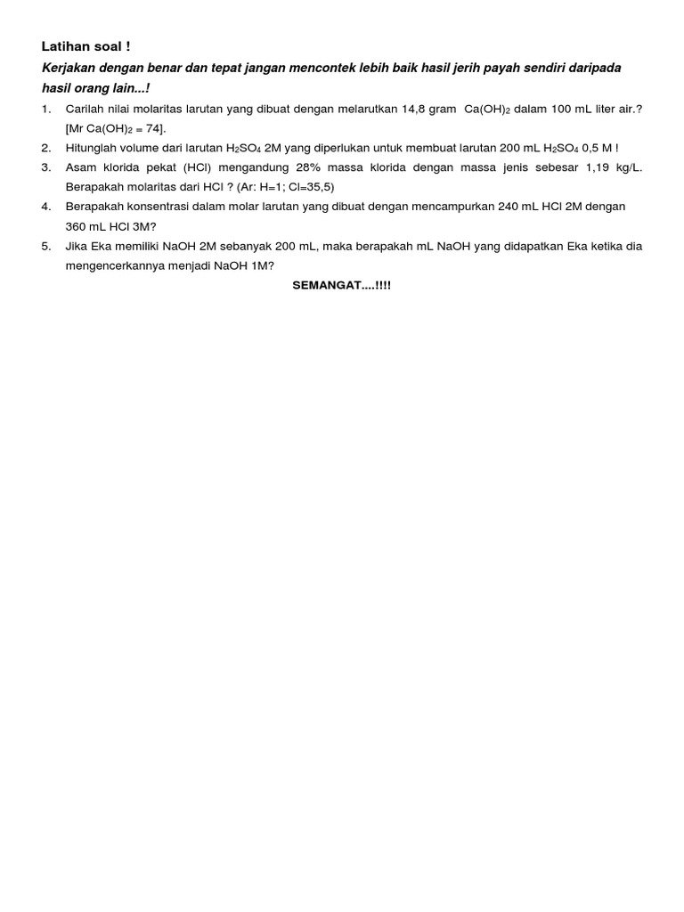 Soal Latihan Molaritas dan Kemolaran | PDF | Memasak, Makanan, & Anggur