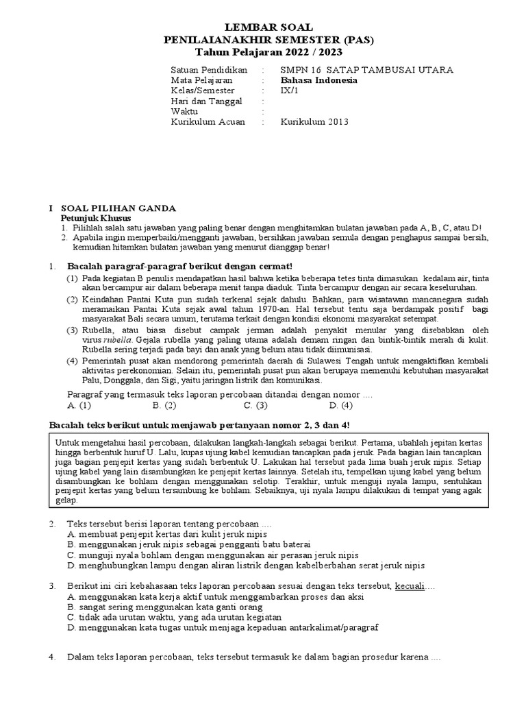 Soal PAS B.Indo Kelas 9 K13 | PDF