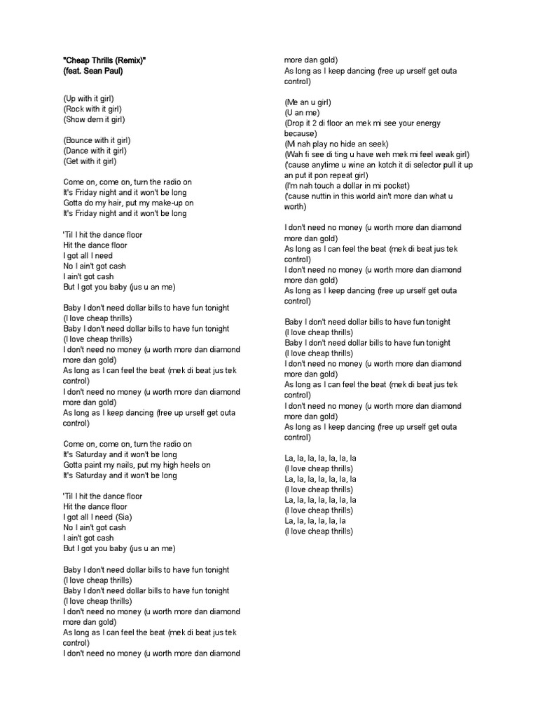Cheap Thrills Lyrics | PDF