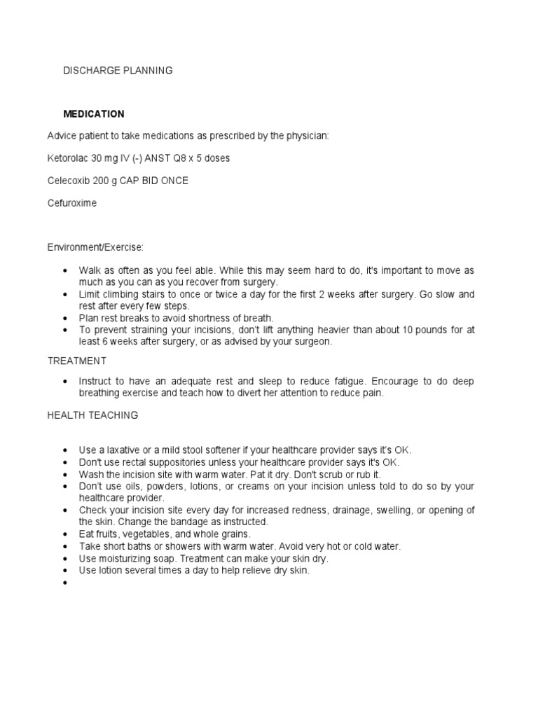 Post-Operative Discharge Plan and Home Care Instructions for Ovarian ...