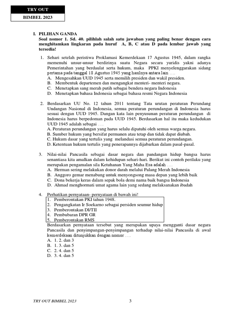 Soal Try Out Bimbel PPKN 23 | PDF