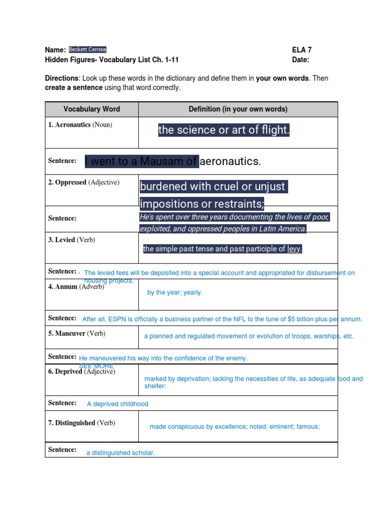 Beckett Centea - Hidden Figures Vocabulary Ch. 1-6.docx 1 | PDF | Verb ...