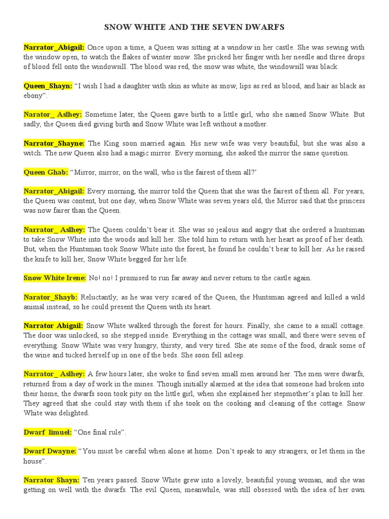 Snow White and The Seven Dwarfs Script 1 1 | PDF | Snow White | Fairy Tales