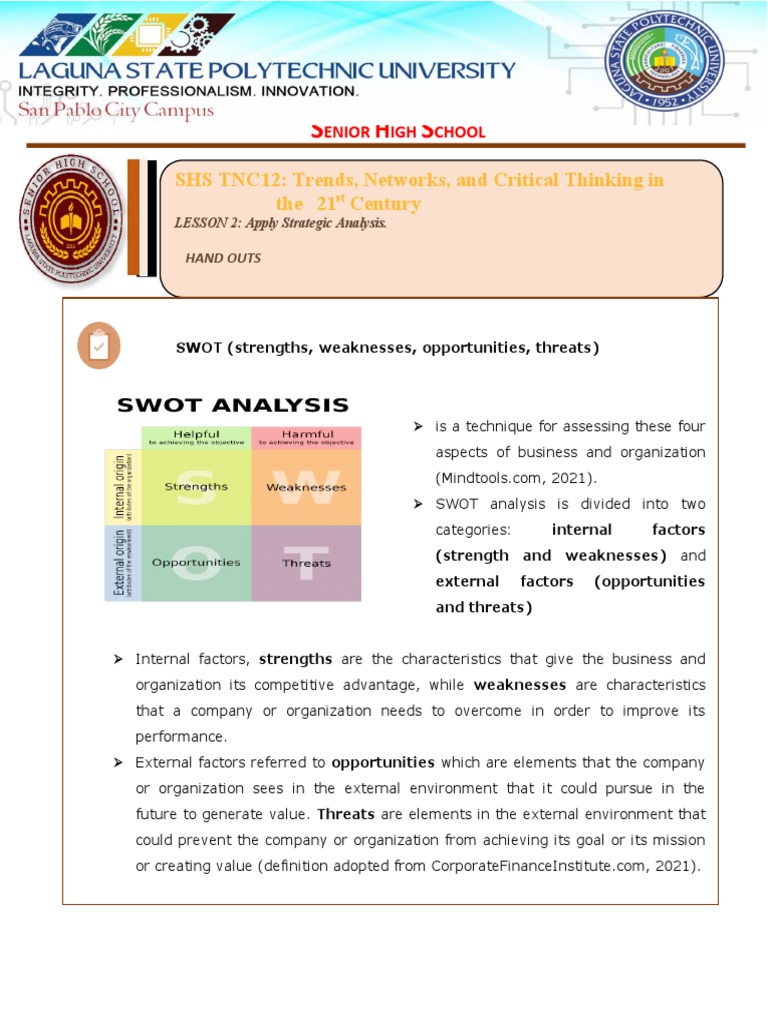 LESSON 2 Apply Strategic Analysis. | PDF | Intuition | Swot Analysis
