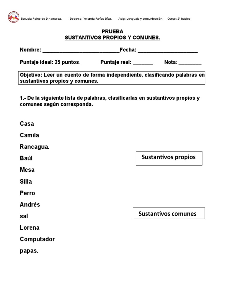 PRUEBA Segundo 2019 Sustantivos | PDF