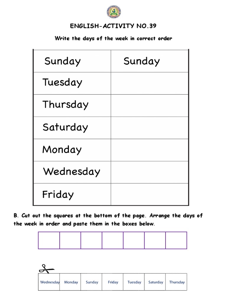 English-Activity No.39: Write The Days of The Week in Correct Order | PDF | Plants | Organisms
