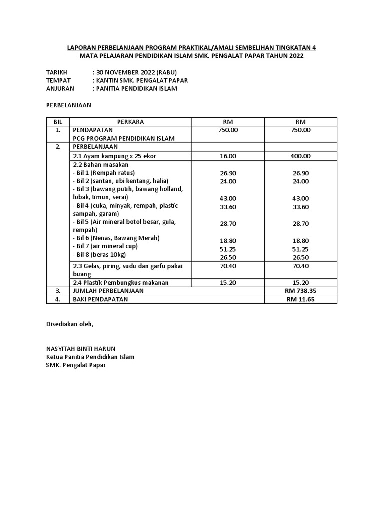 Laporan Perbelanjaan Program Sembelihan Tingkatan 4 | PDF