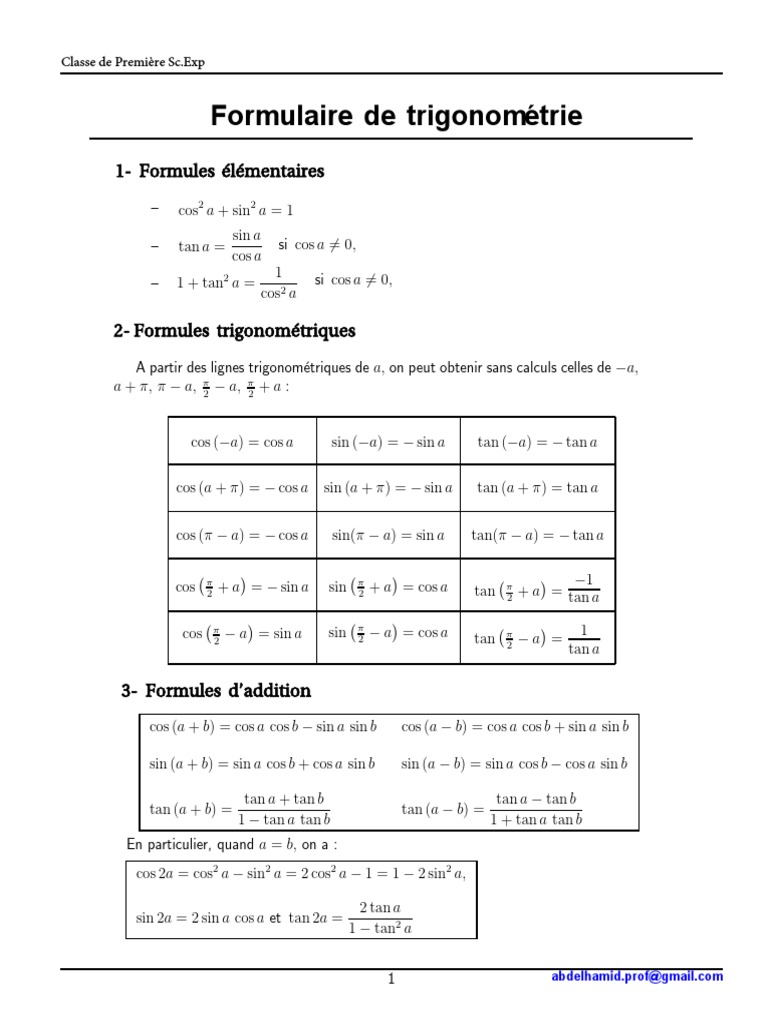 Formulaire de Trigonométrie Complet | PDF | Mathématiques | Géométrie