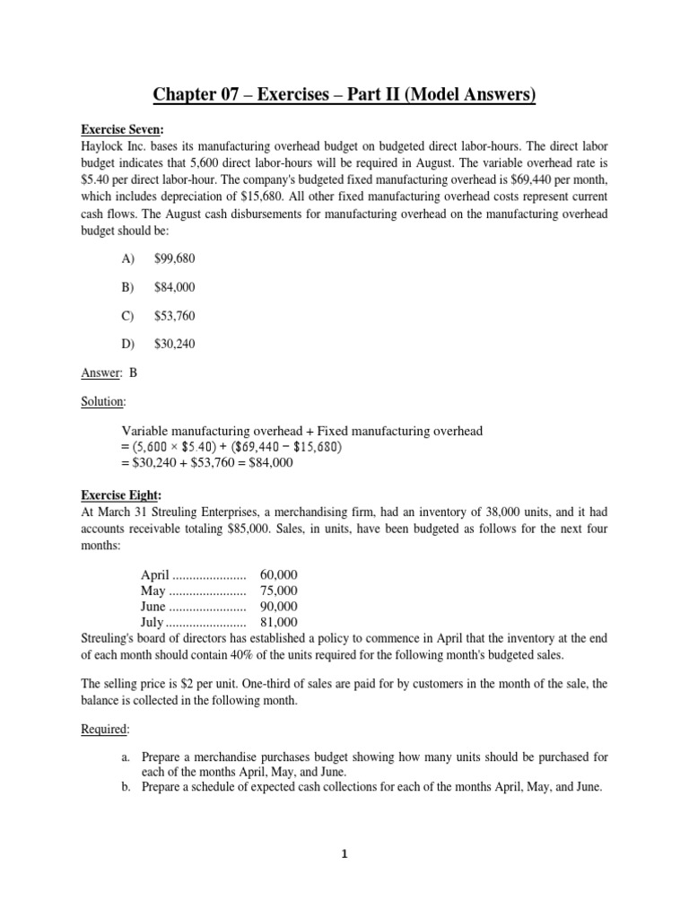 Budget Exercises - Part II (Model Answers) | PDF | Cost Of Goods Sold | Pound (Mass)
