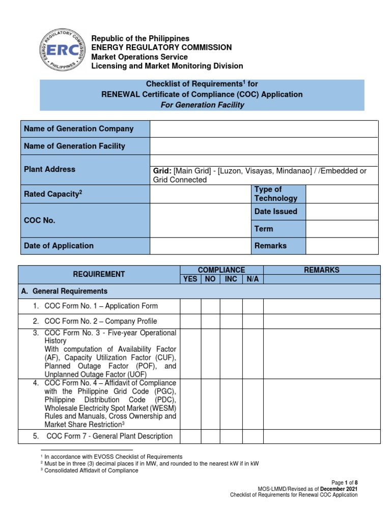 Renewal COC Application Requirements Checklist | PDF | Electrical Grid | Financial Statement