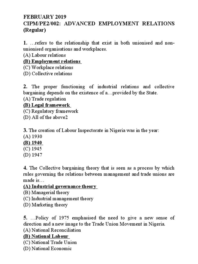 FEBRUARY 2019 - AER QUESTIONS WITH ANSWERS | PDF | Employment | Trade Union