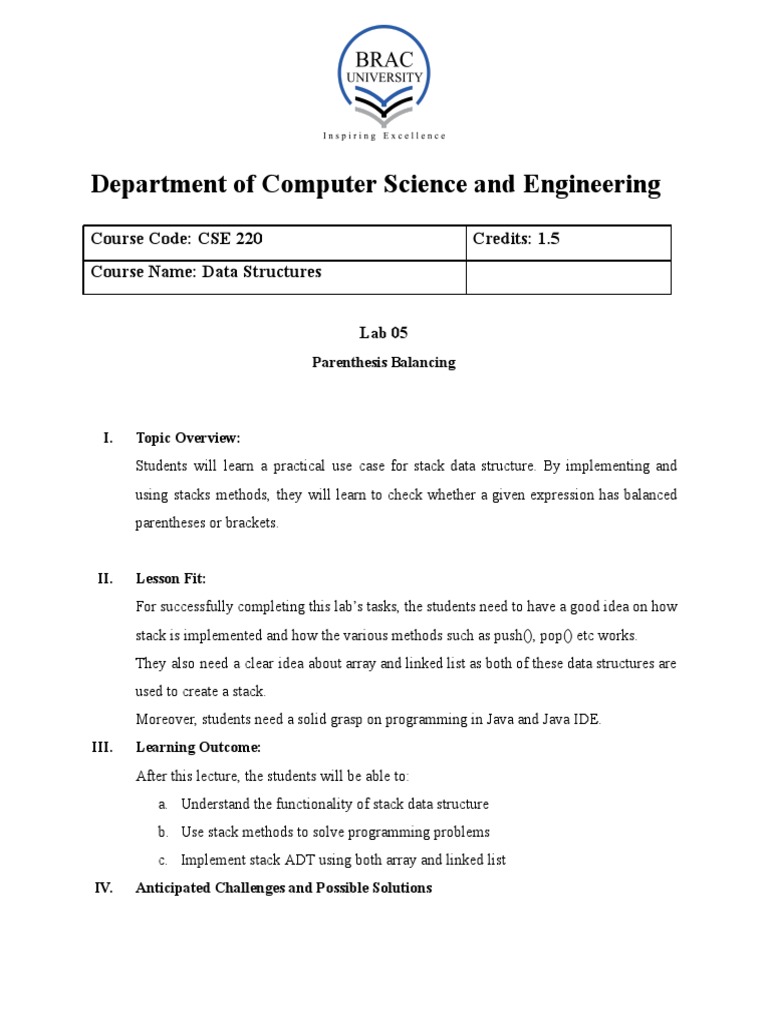Lab 5 Stack-Parenthesis Balancing Lab Outline | PDF | Bracket ...
