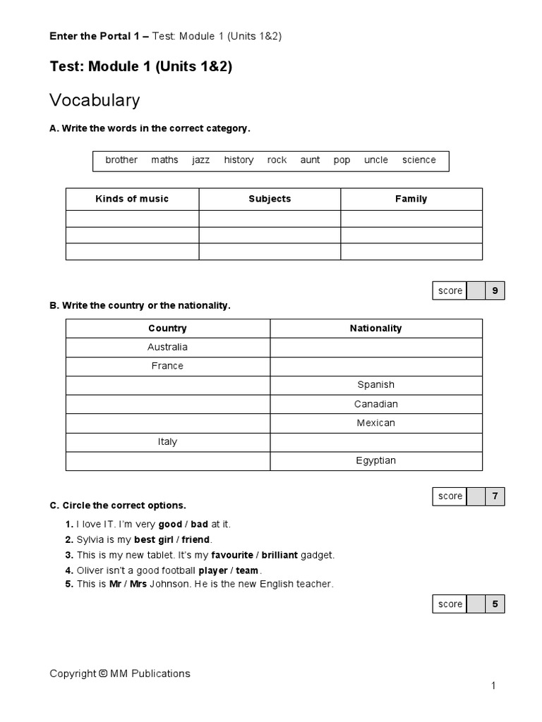 ENTER_THE_PORTAL_1_TEST_1_MODULE 1.doc | PDF | Linguistics | Cognition
