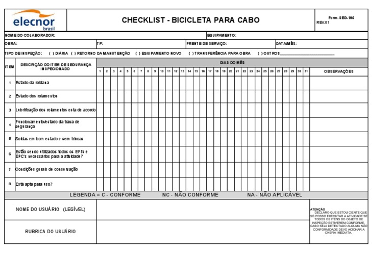 CHECK LIST - Bicicleta Condutores.xlsx | PDF