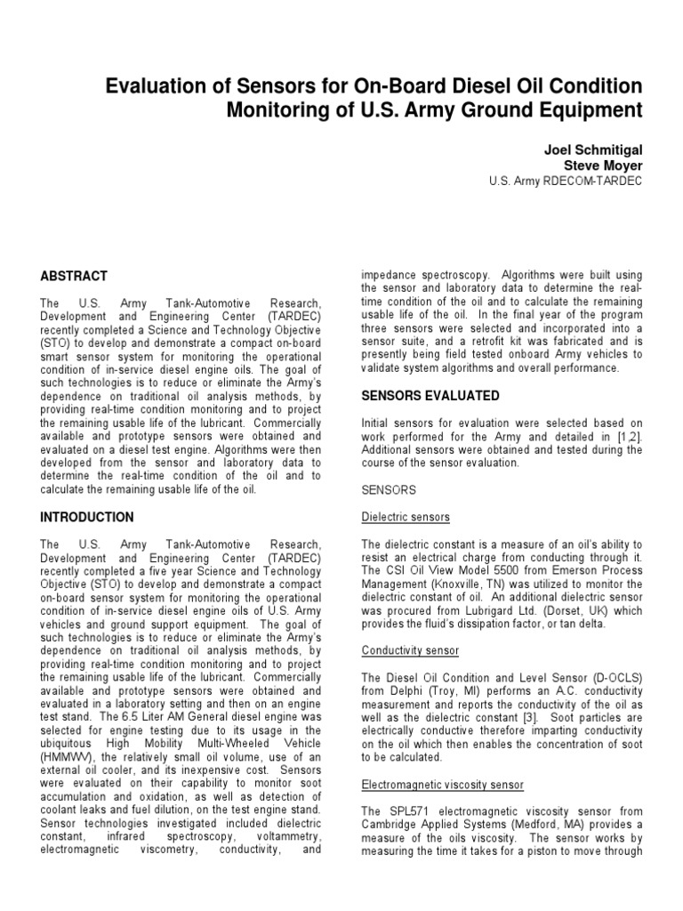 Diesel Oil Condition Sensors for Army Equipment | PDF | Viscosity ...