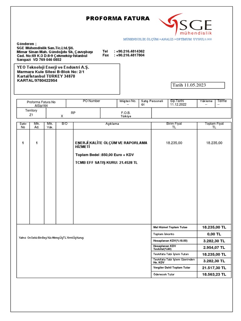 Yeo Enerji̇ - Proforma Fatura PDF | PDF