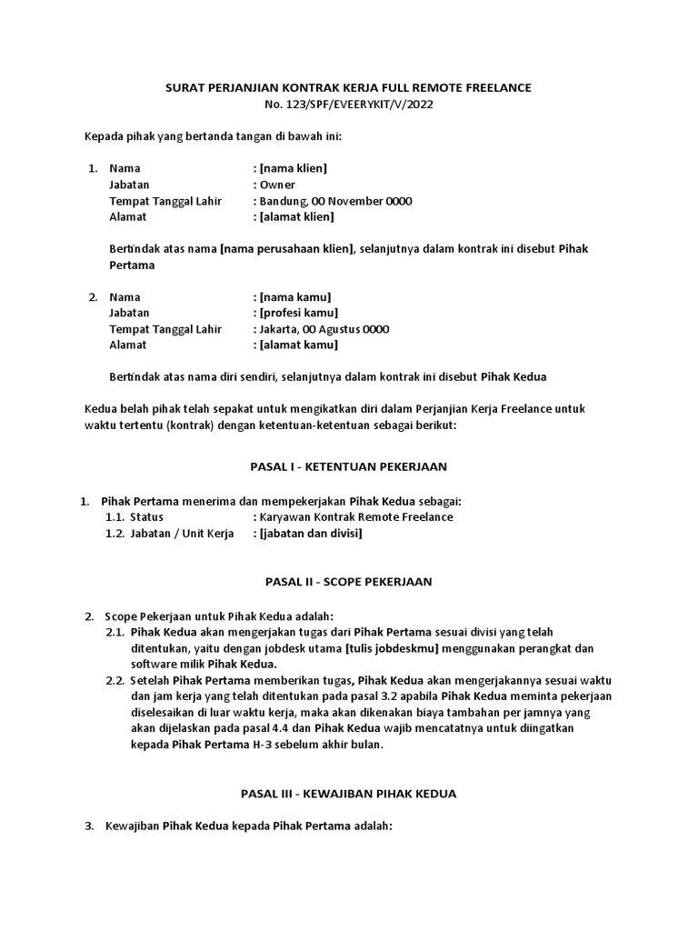 Surat Kontrak Kerja Full Remote Freelance | PDF