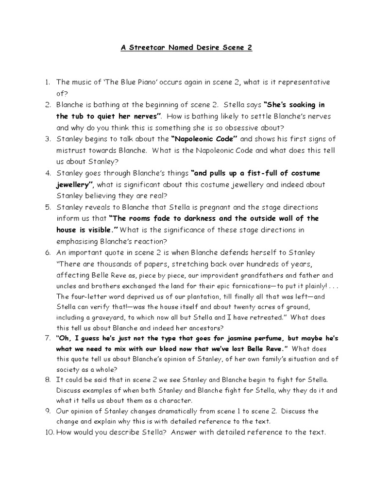 A Streetcar Named Desire Questions Scene 2 | PDF