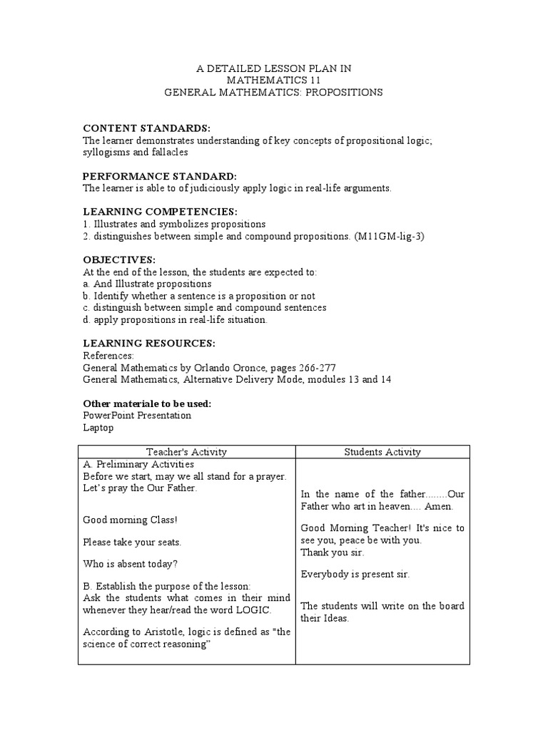 A Detailed Lesson Plan | PDF | Logic | Proposition
