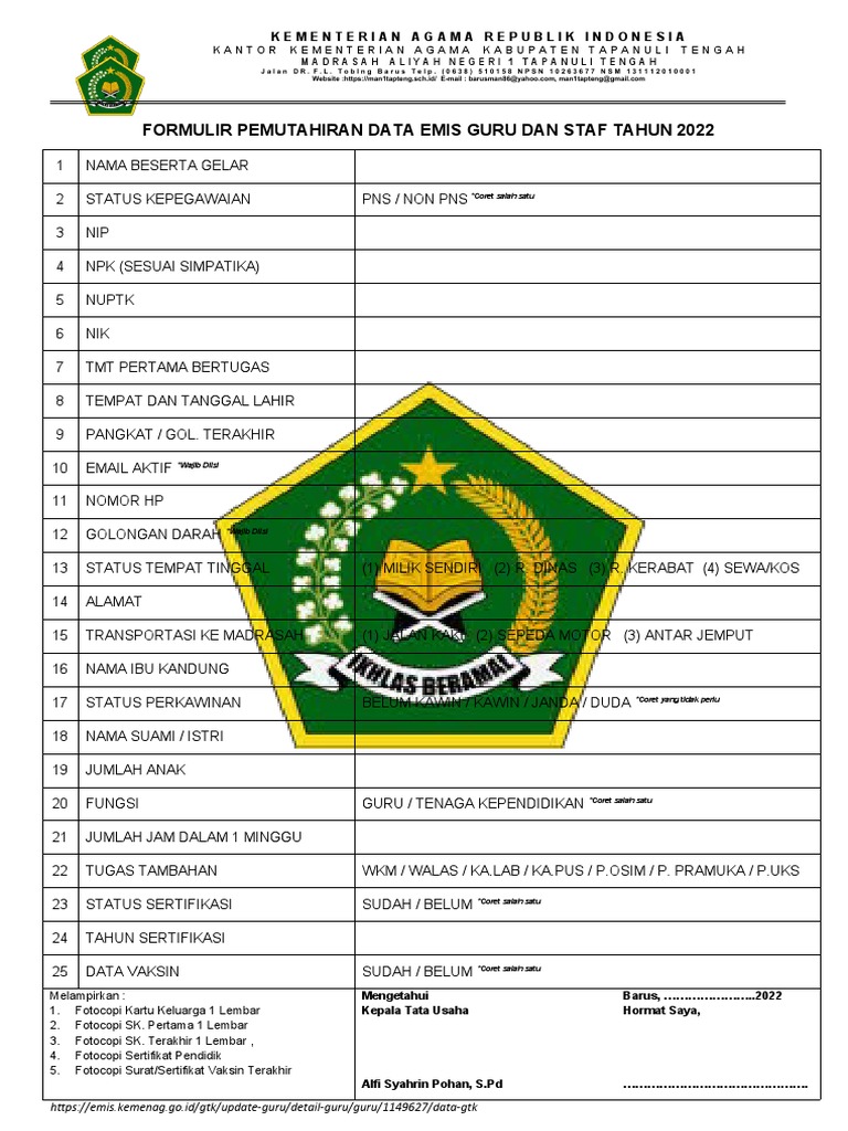 Formulir Pemutahiran Data Emis GTK | PDF