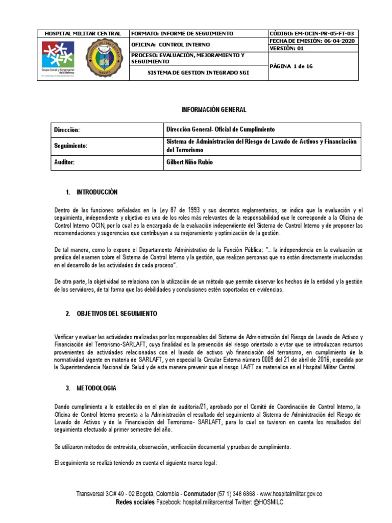 Informe Auditoria de Seguimiento SARLAF 2021 PDF | PDF | Matriz ...