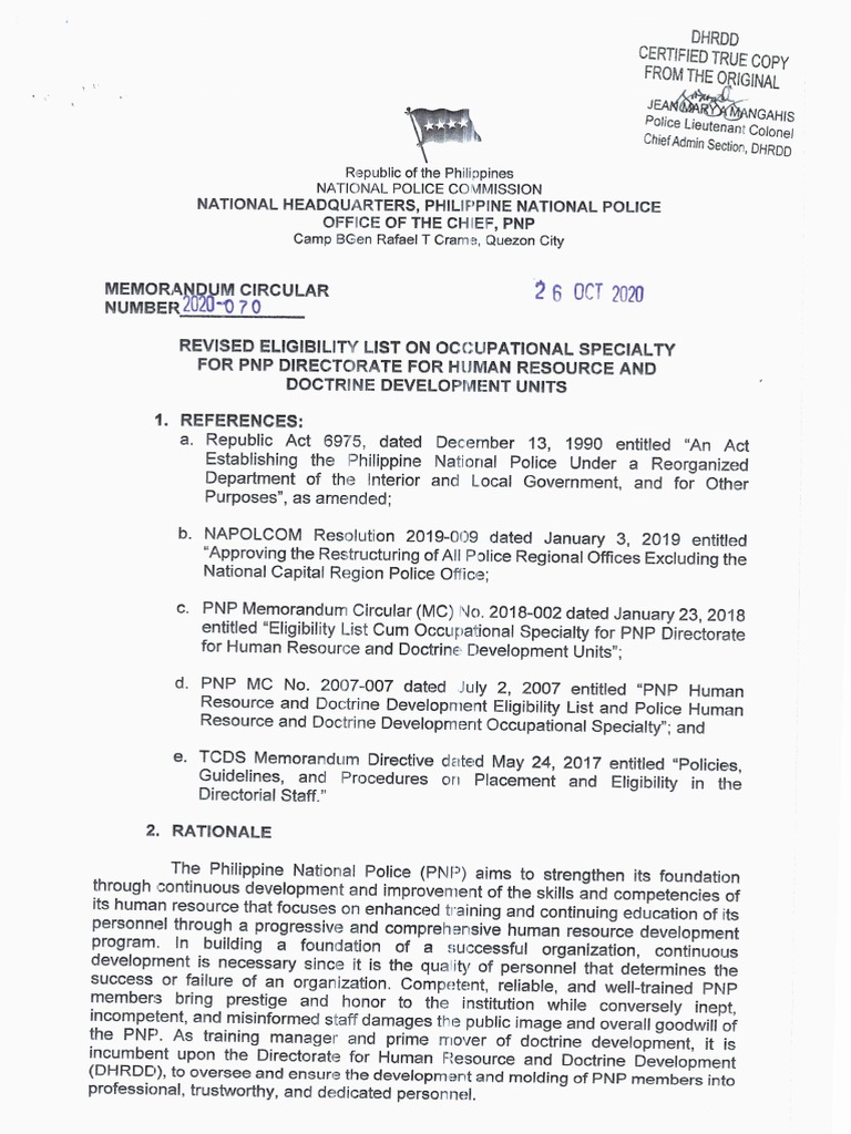 PNP Memorandum Circular No 2020 070 | PDF