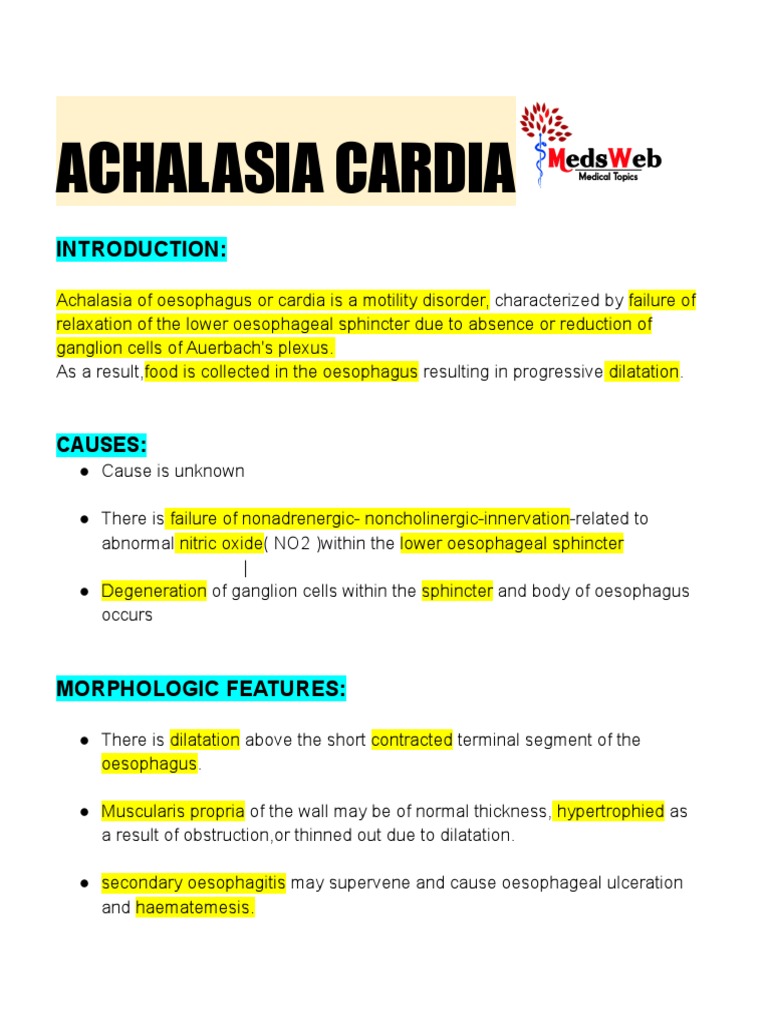 Achalasia Cardia Causes Morphology Symptoms Treatment | PDF | Esophagus ...