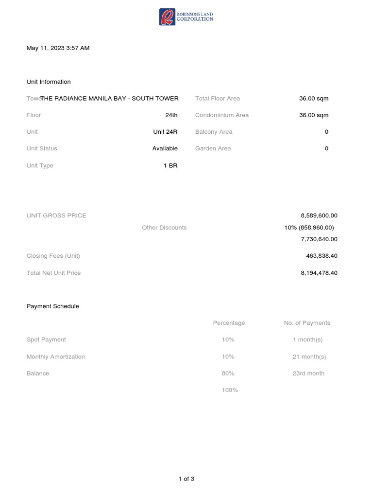 Condo Purchase Details - 1BR Unit | PDF | Fee | Taxes