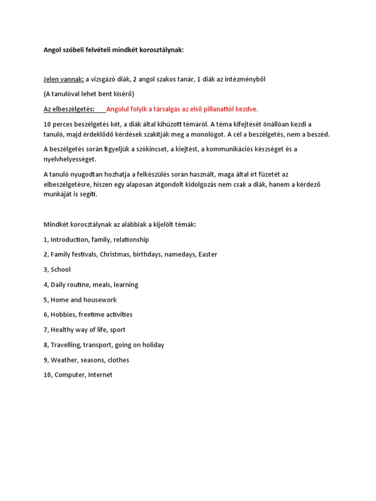 Szóbeli Felvételi Témakörök Angol Nyelv | PDF