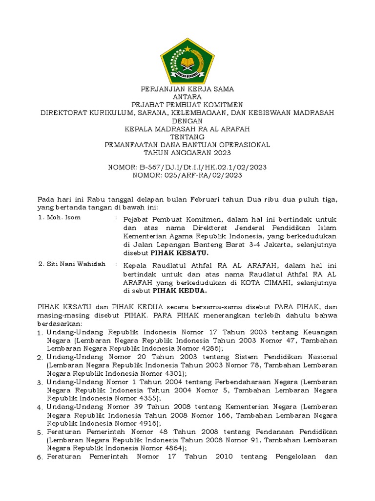 Perjanjian Kerja Sama BOS 2023 RA Al Arafah | PDF