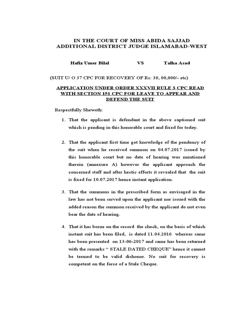 APPLICATION FOR LEAVE TO APPEARAND DEFEND Hafiz Umar Bilal Vs Talha Asad 01112022 024639pm | PDF ...