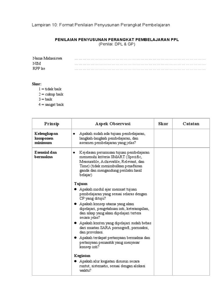 Lampiran 10 - Contoh Format Penilaian Penyusunan Perangkat Pembelajaran | PDF | Seni ...