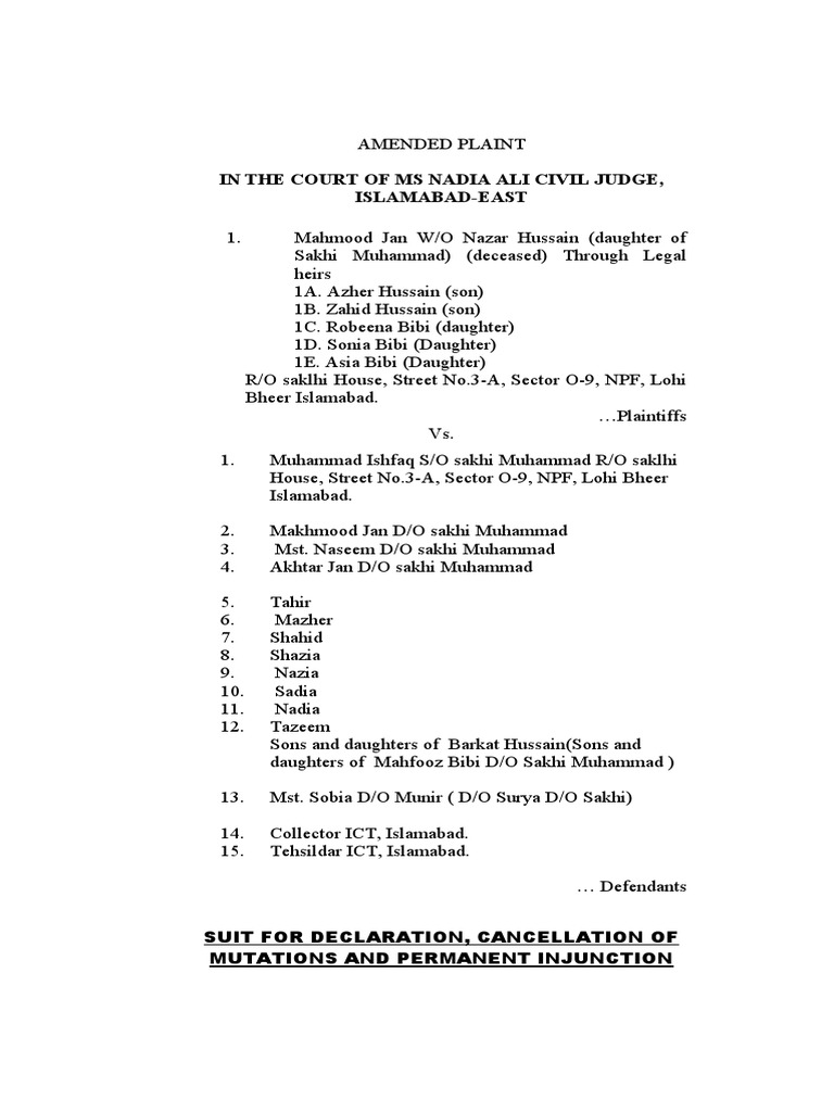 SUIT FOR DECLARATION CANCELLATION OF MUTATIONS AND PERMANENT INJUNCTION Amended - MahmoodJan Vs ...