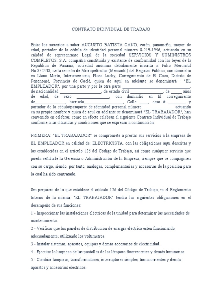 Contrato de Trabajo Servicios y Suministros Completos - Electricista ...